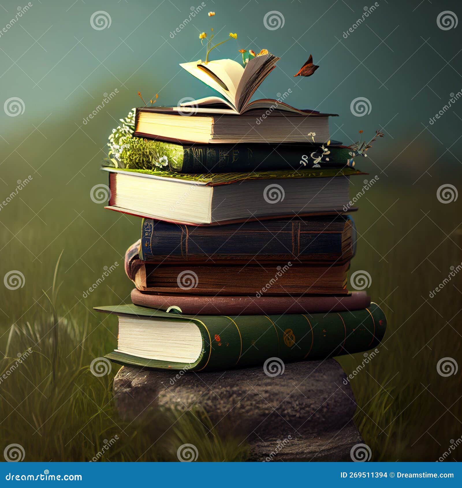 Generative AI:magic Book Stack with Flowers in a Meadow on Stones Stock ...