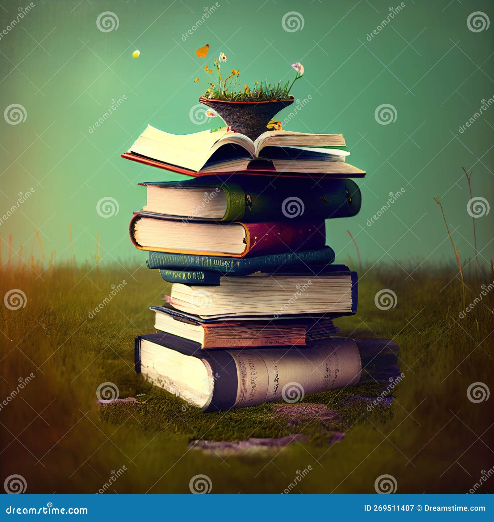 Generative AI:magic Book Stack with Flowers in a Meadow on Stones Stock ...