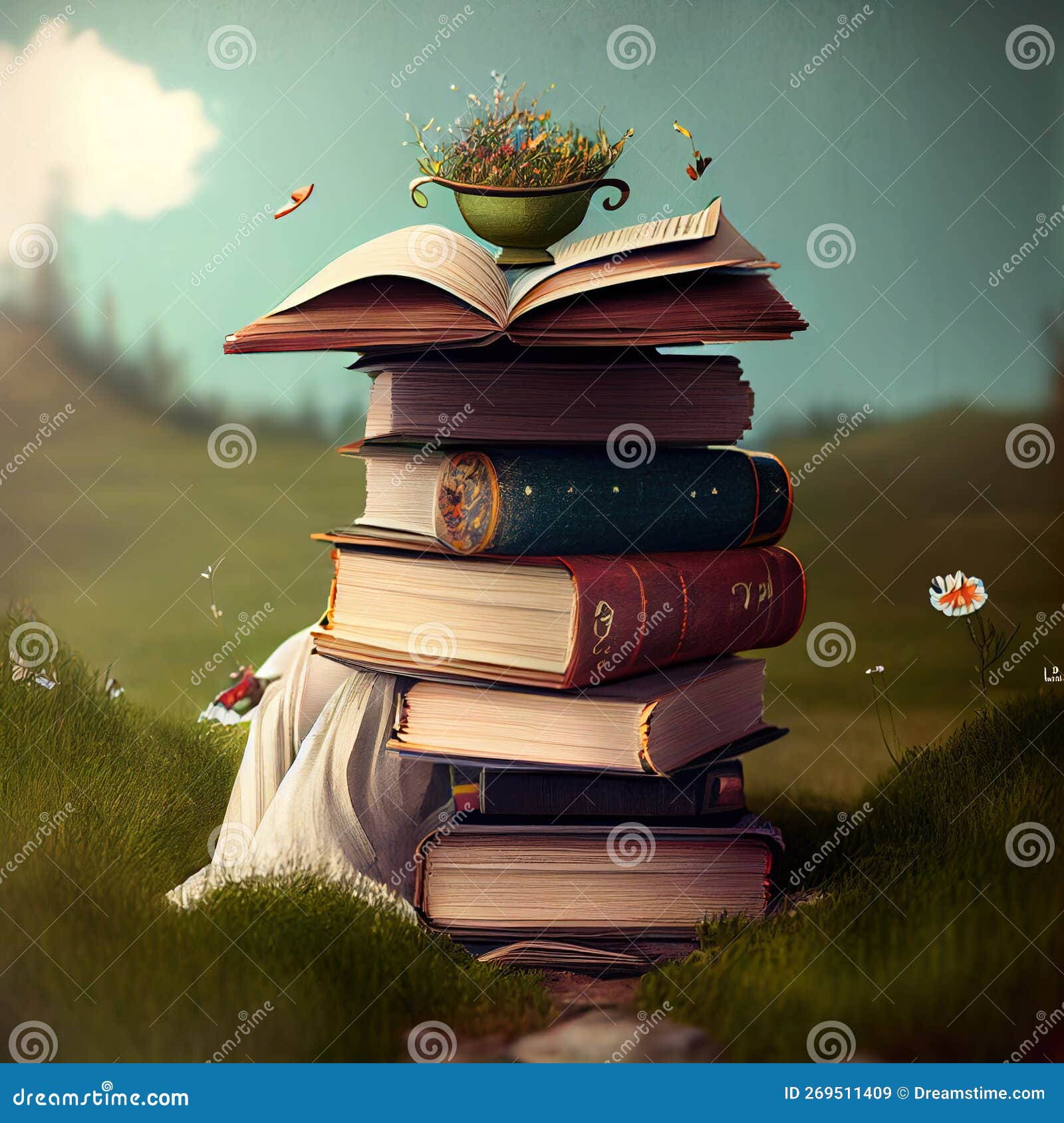 Generative AI:magic Book Stack with Flowers in a Meadow on Stones Stock ...