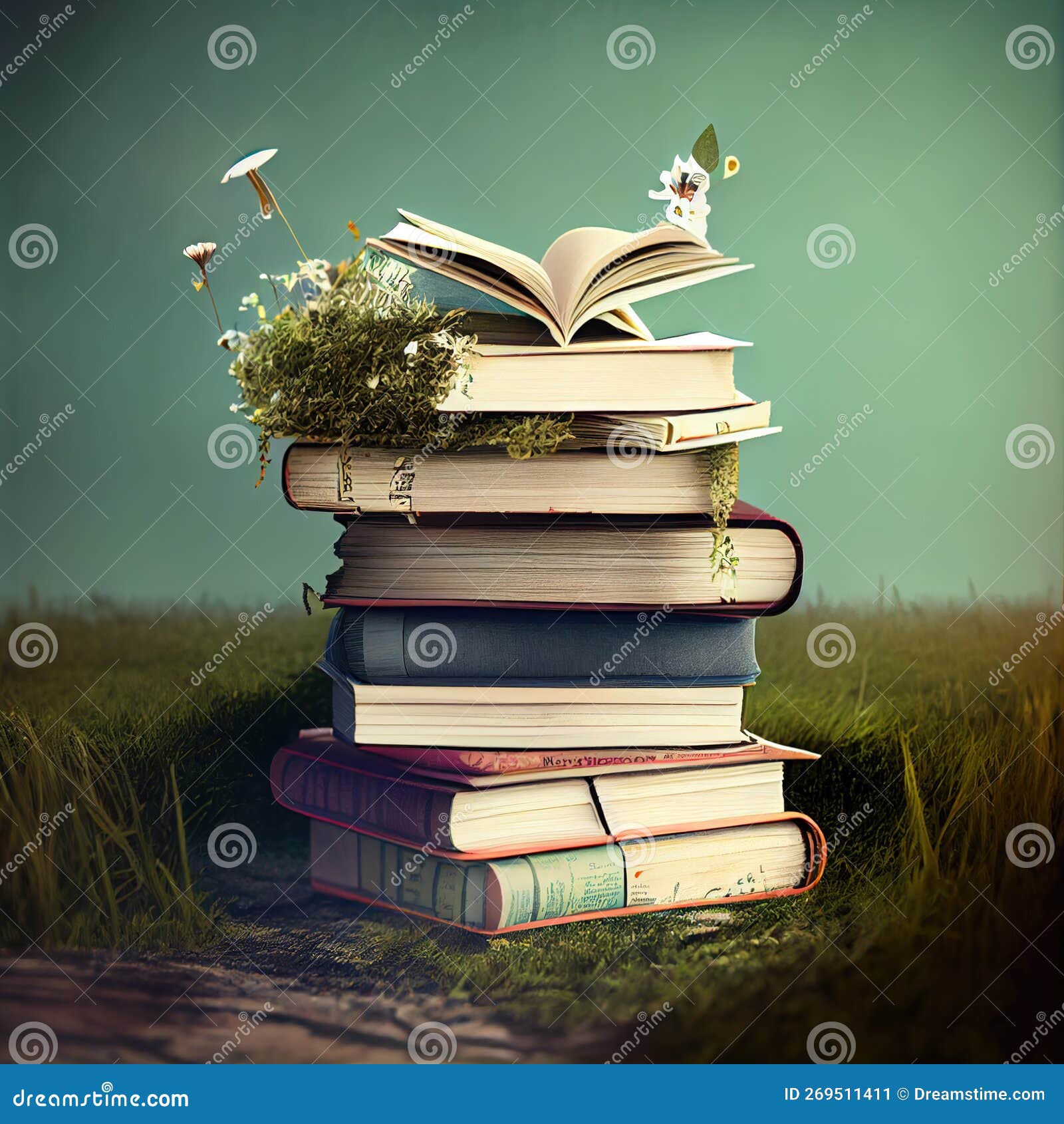 Generative AI:magic Book Stack with Flowers in a Meadow on Stones Stock ...