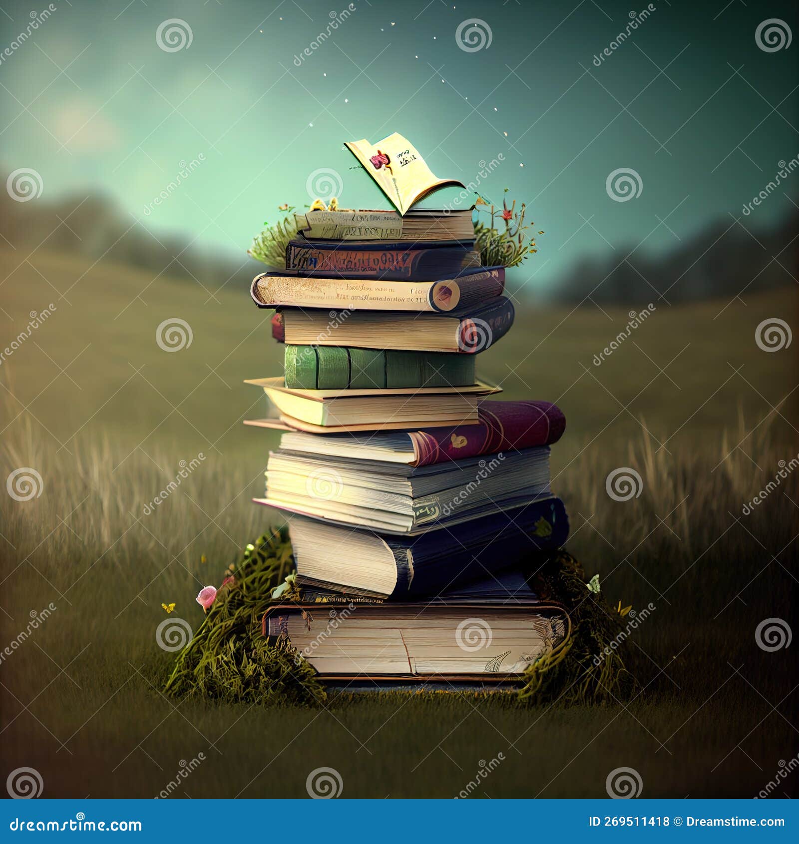 Generative AI:magic Book Stack with Flowers in a Meadow on Stones Stock ...