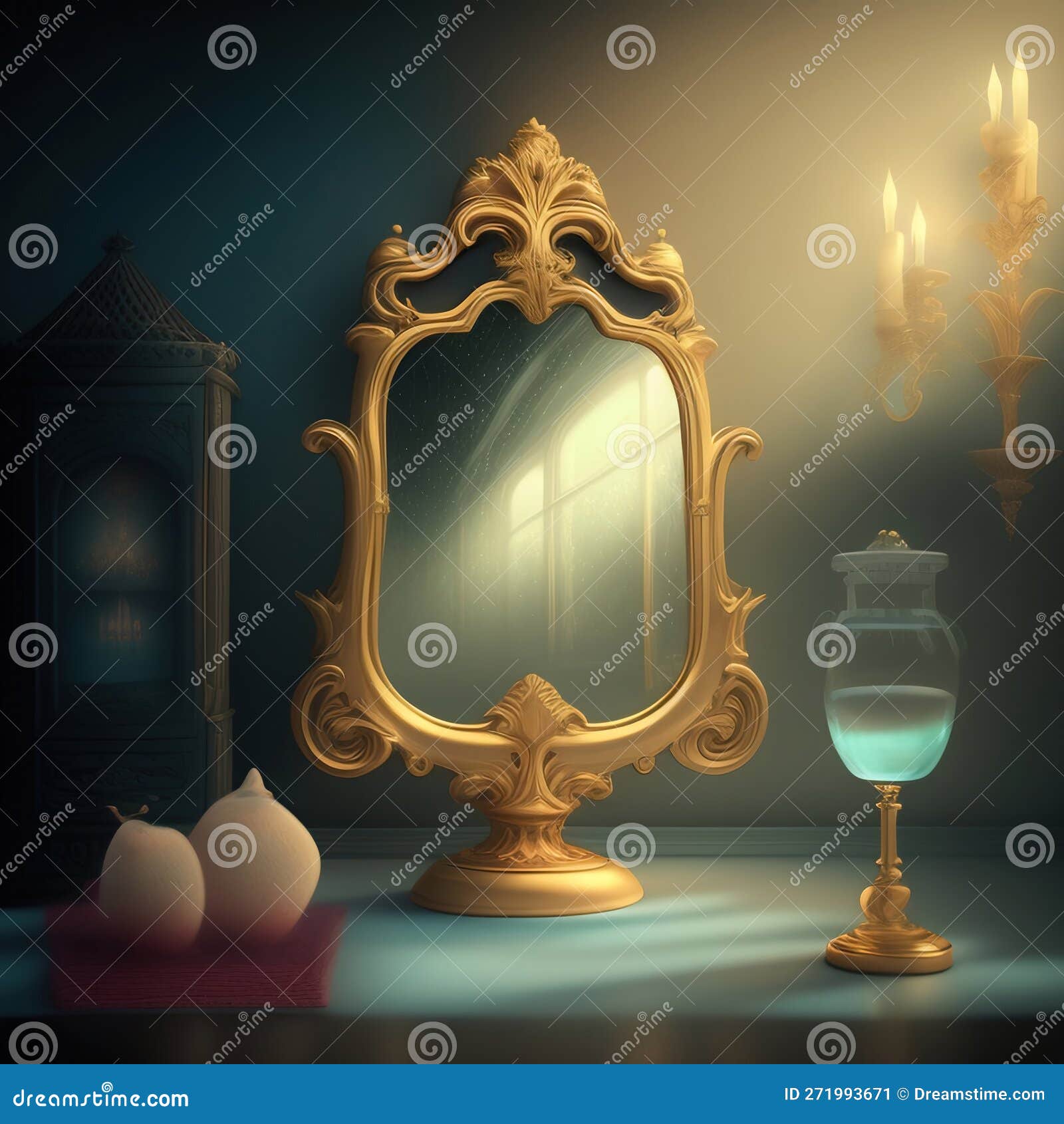 Generative AI: Magic Mirror in a Fantasy Room Stock Illustration ...