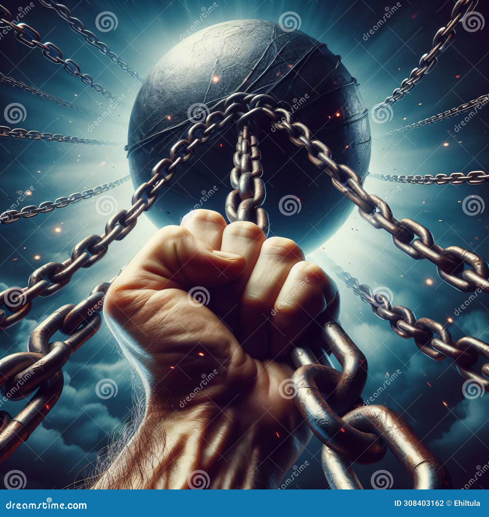 Generative AI, Man Pulling Strong Metal Chain Stock Illustration ...