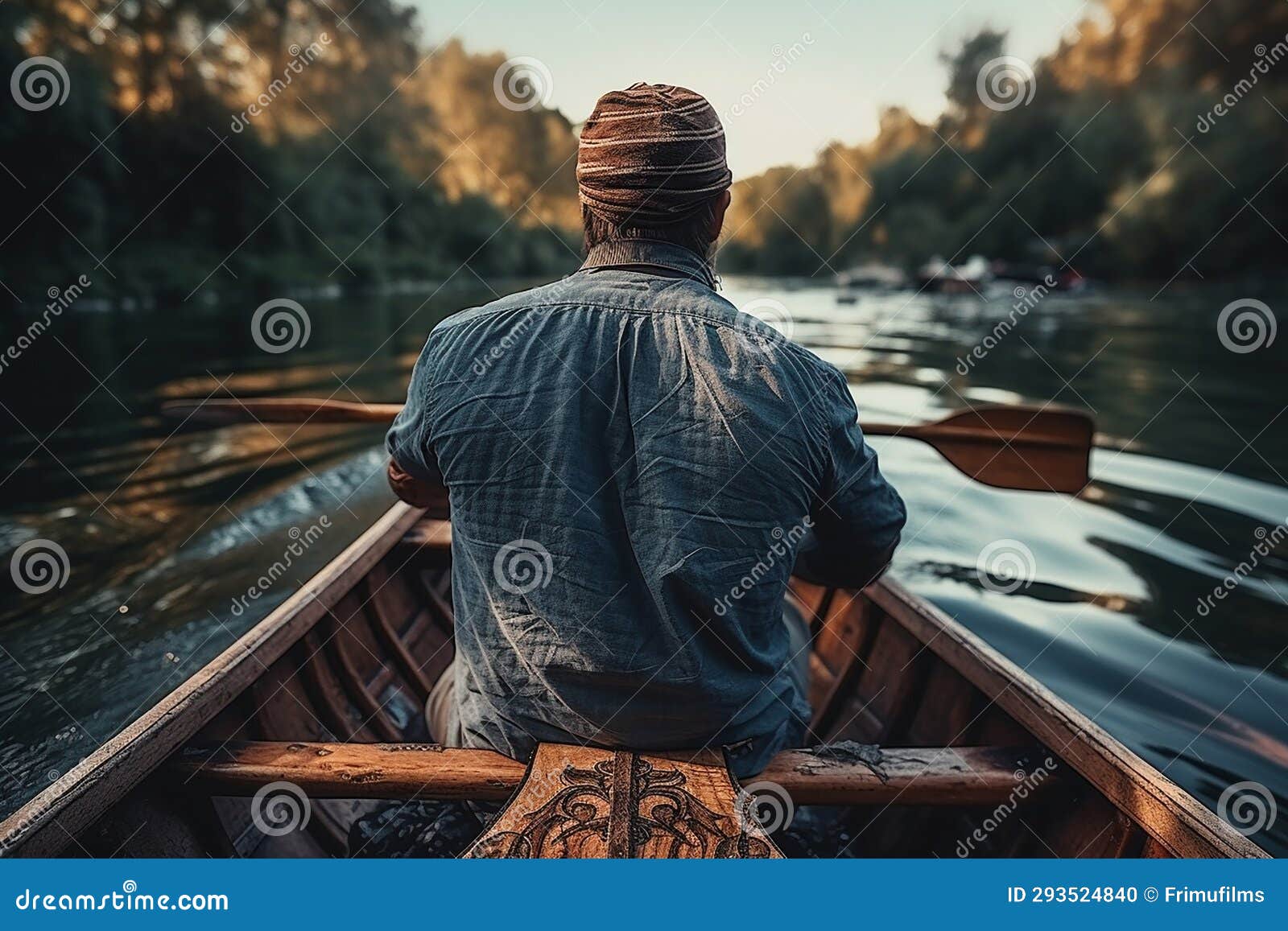 Generative AI a Man Rowing a Wooden Boat Stock Illustration ...