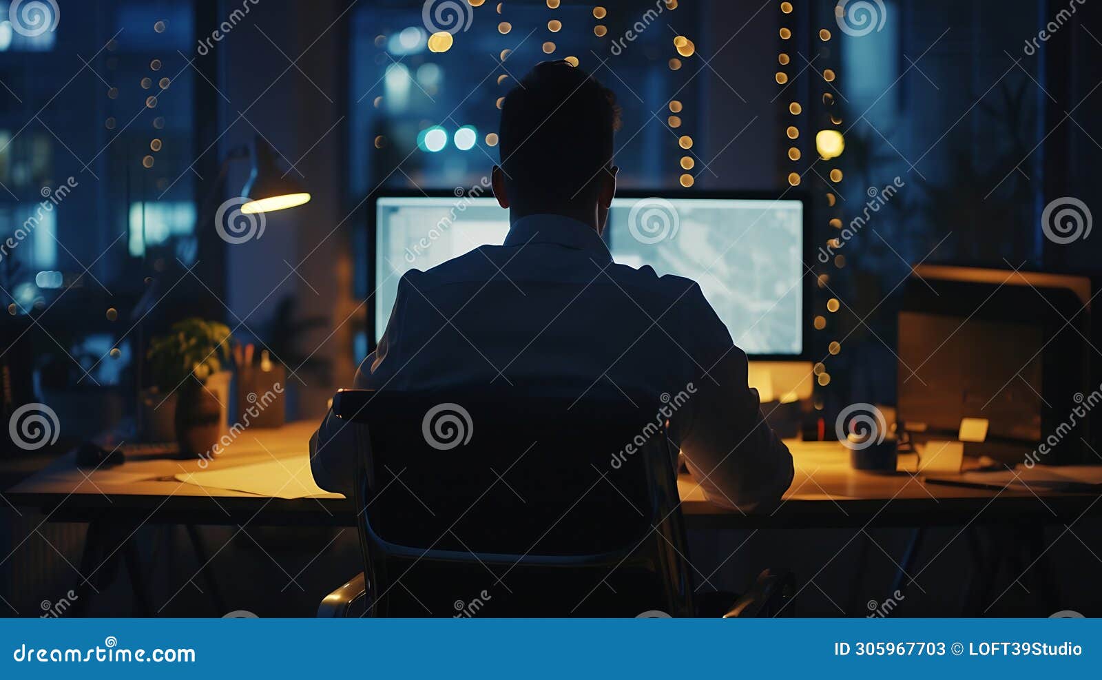 Generative AI Man Sitting Alone In Office Late At Night Watching ...