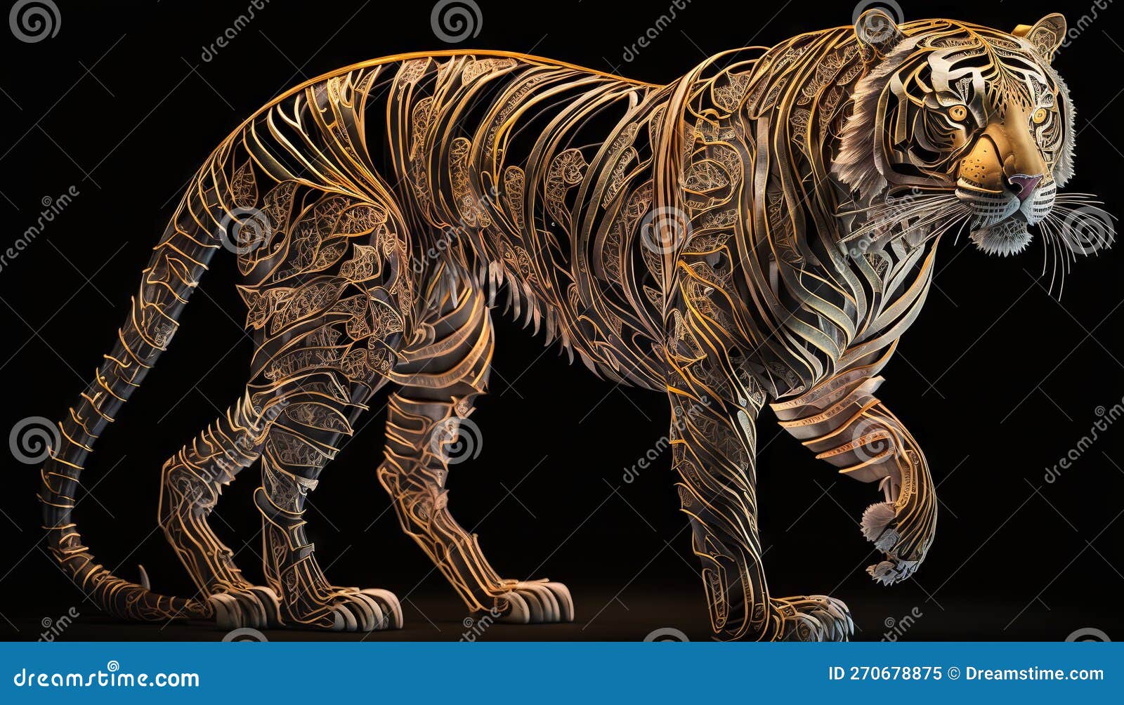 Generative AI Of A Metal Tiger Isolated On A Black Background Royalty ...
