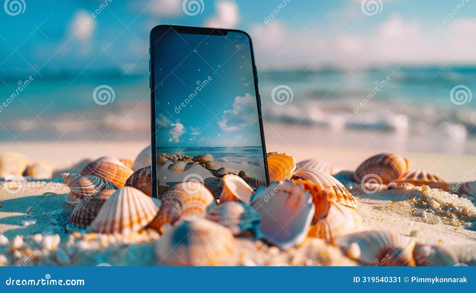 Generative AI Mobile Phone Screen with Shells on the Sandy Beach with ...