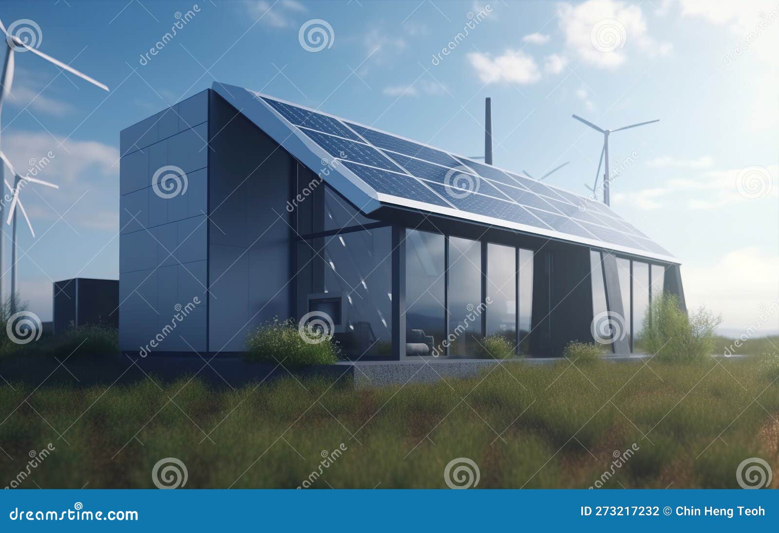 Generative AI of a Modern Building with Solar Panels and Wind Turbines ...