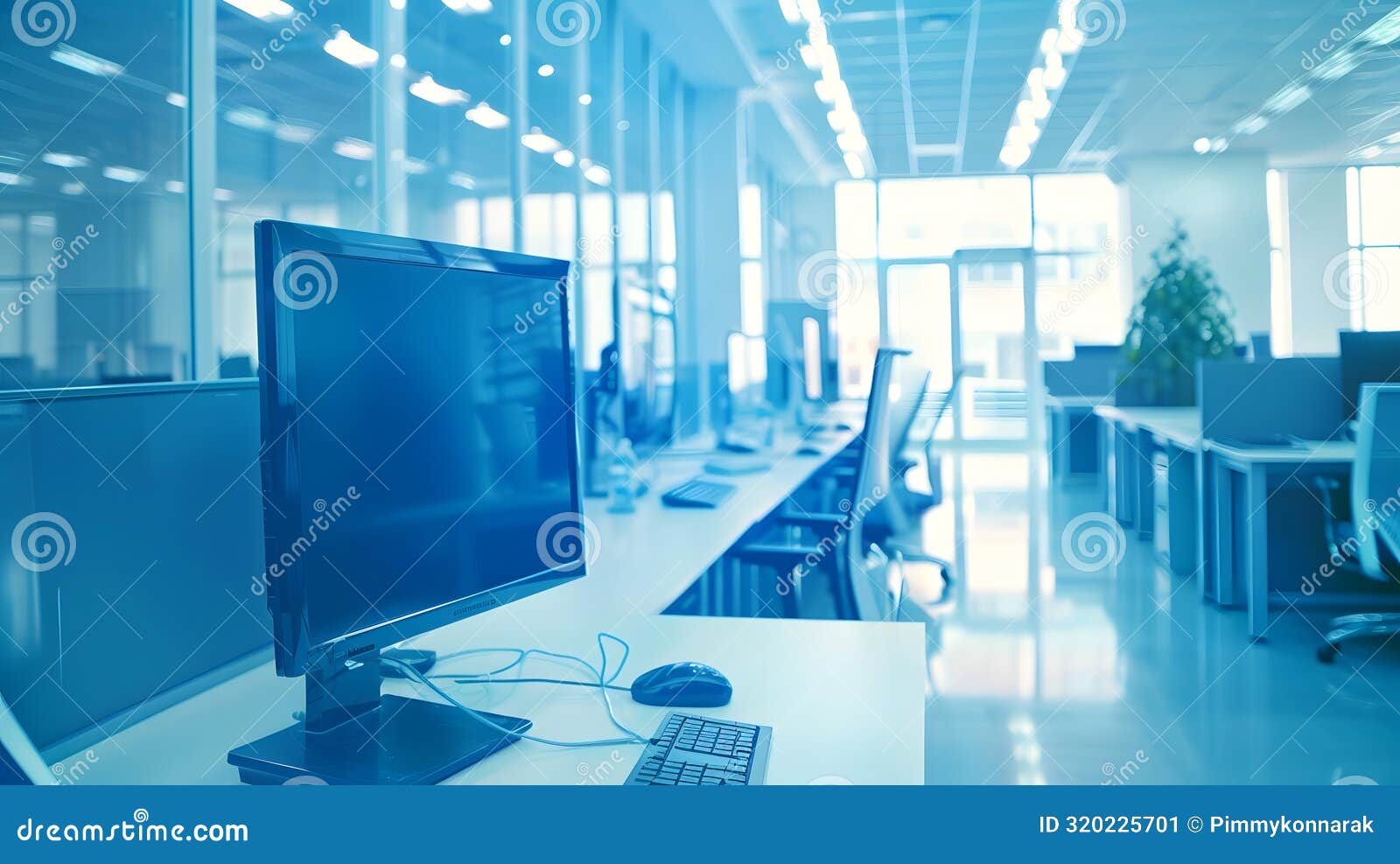 Generative AI Modern Office Space Interior in Blue Gradient Computer ...