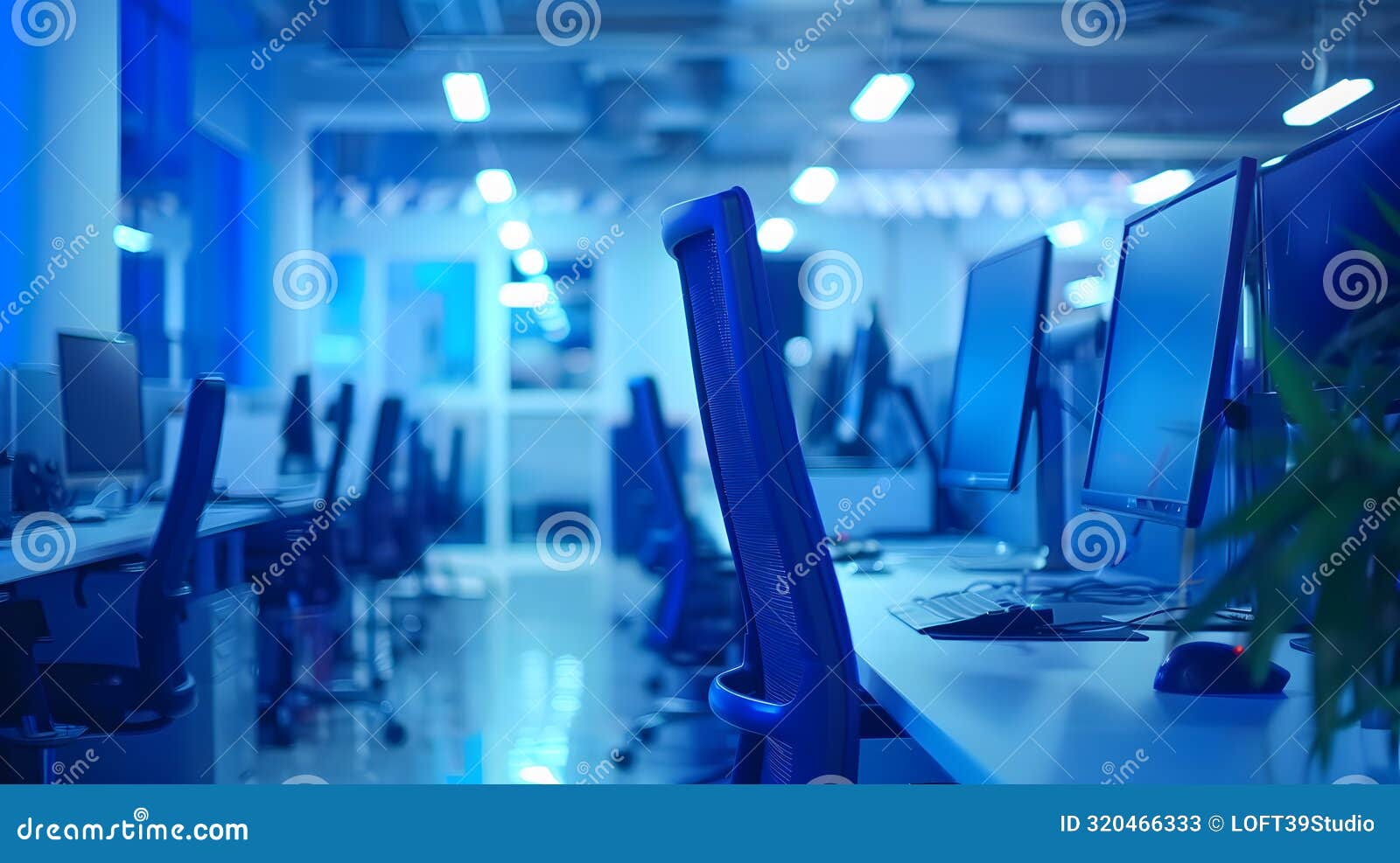 Generative AI Modern Office Space Interior in Blue Gradient Computer ...