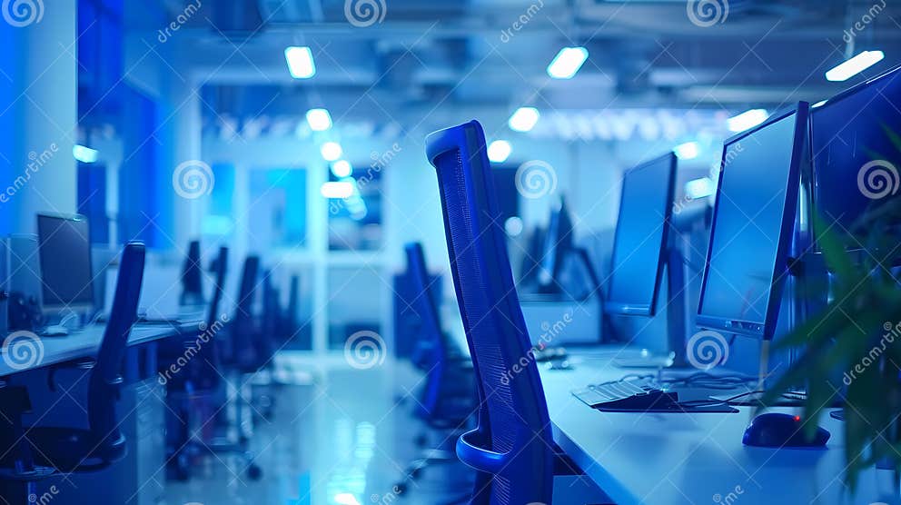 Generative AI Modern Office Space Interior in Blue Gradient Computer ...