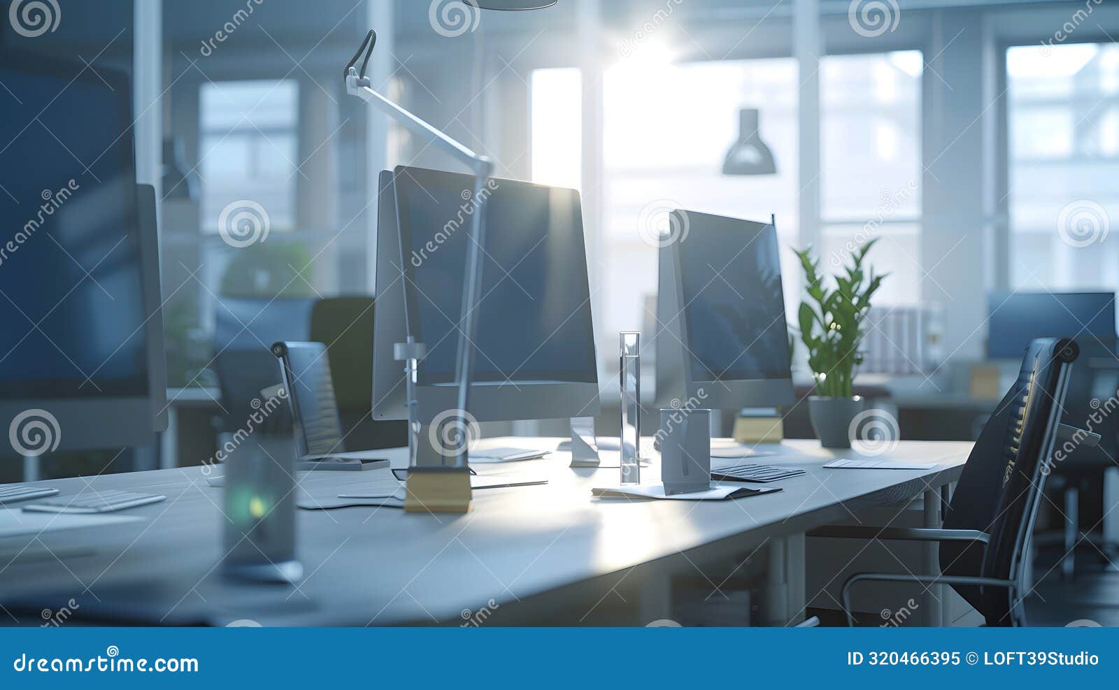 Generative AI Modern Office Space Interior in Blue Gradient Computer ...