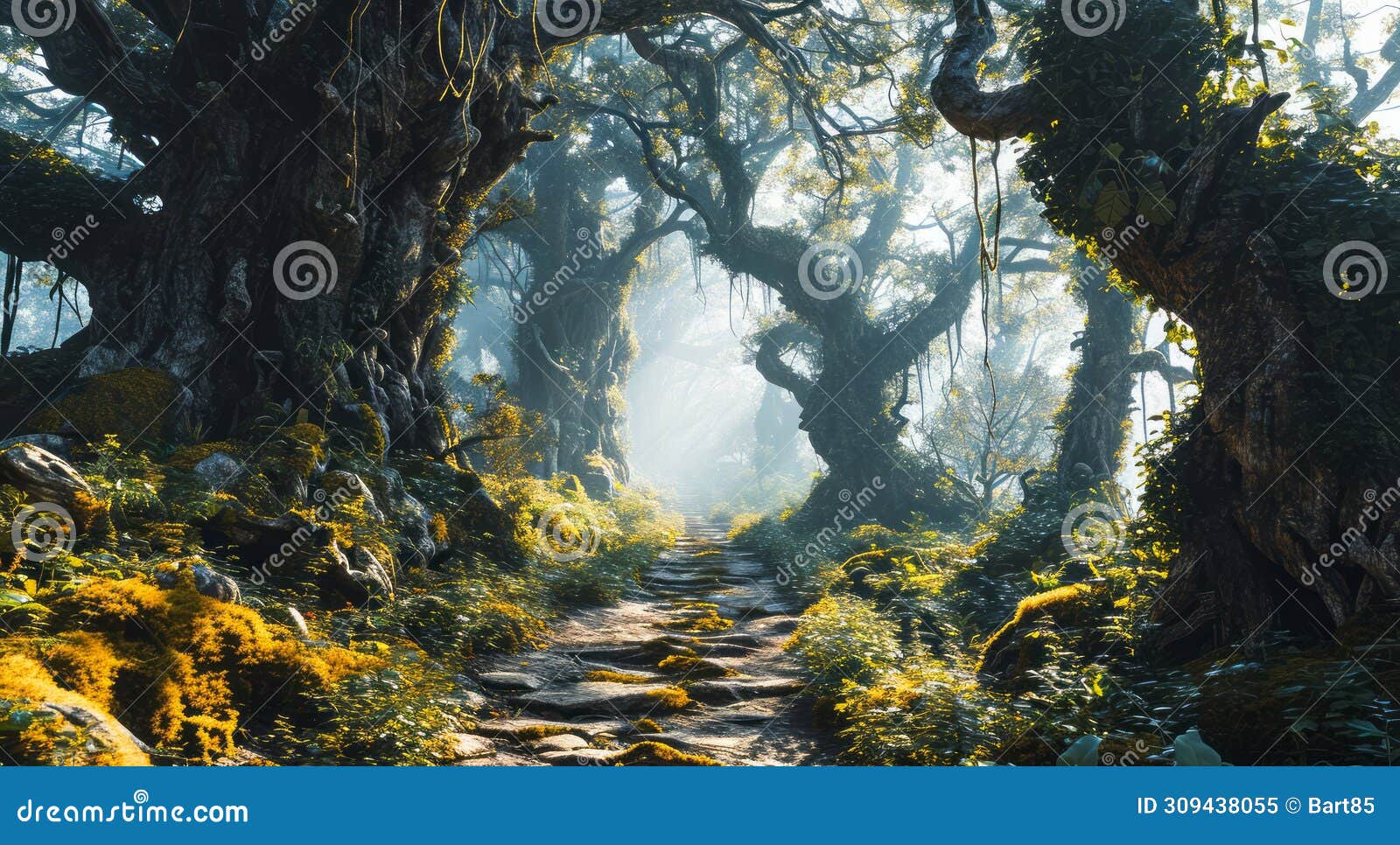 Mystical Forest Pathway Enveloped by Ancient Trees and Mist, Evoking a ...