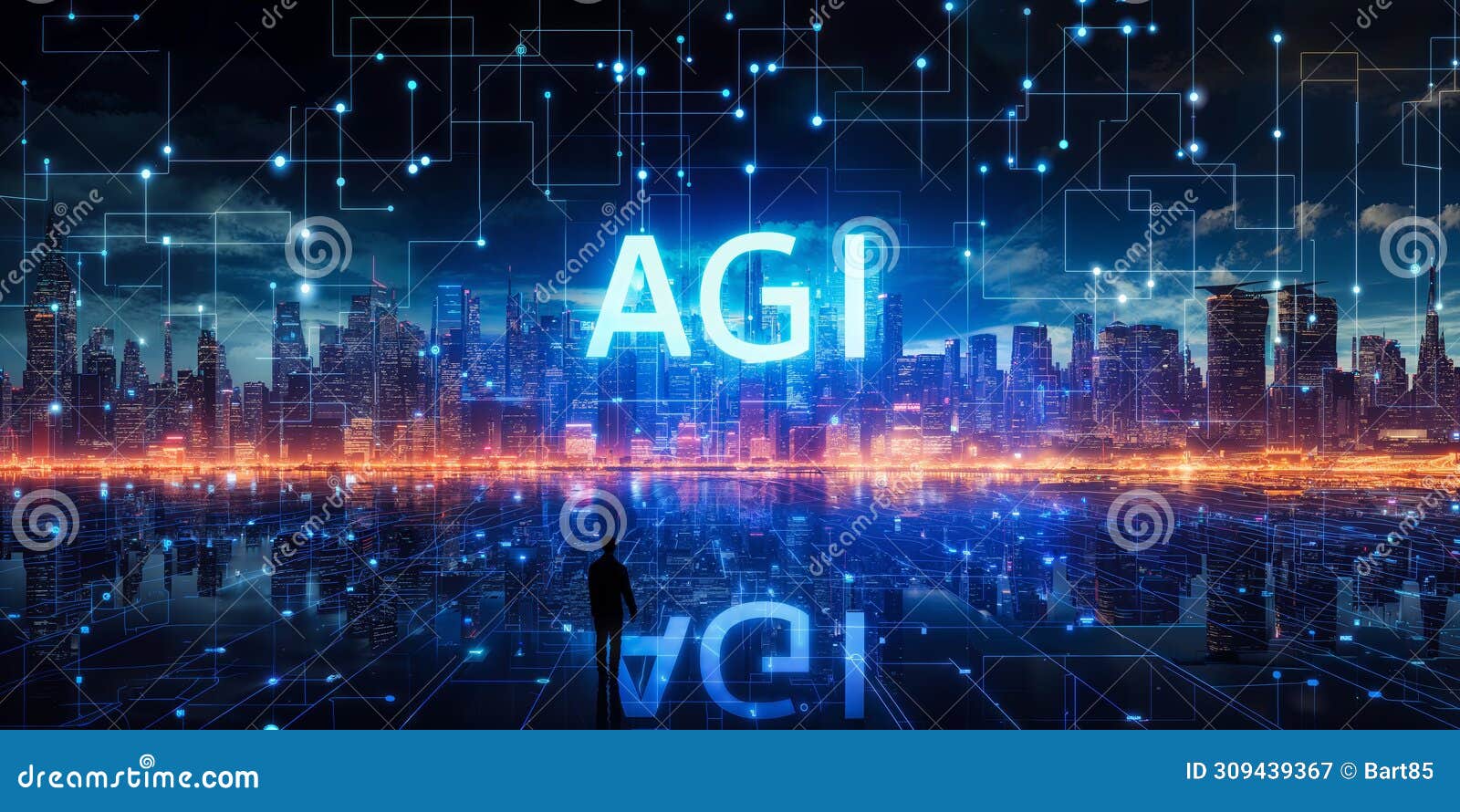 Neon AGI Lettering Over Digital Cityscape: a Vision of Artificial ...