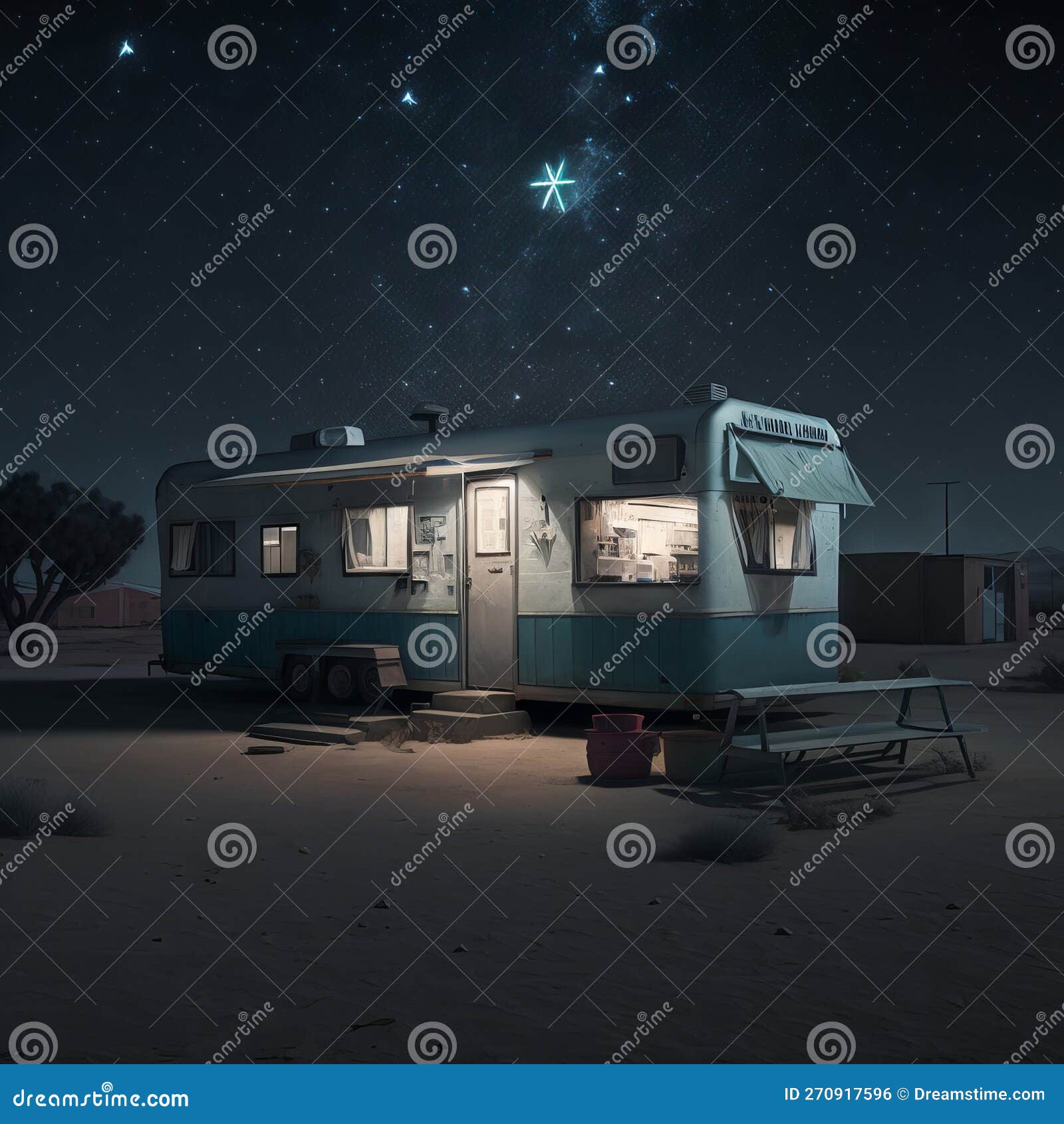 Generative AI of an Old Caravan in the Desert at Night Stock ...