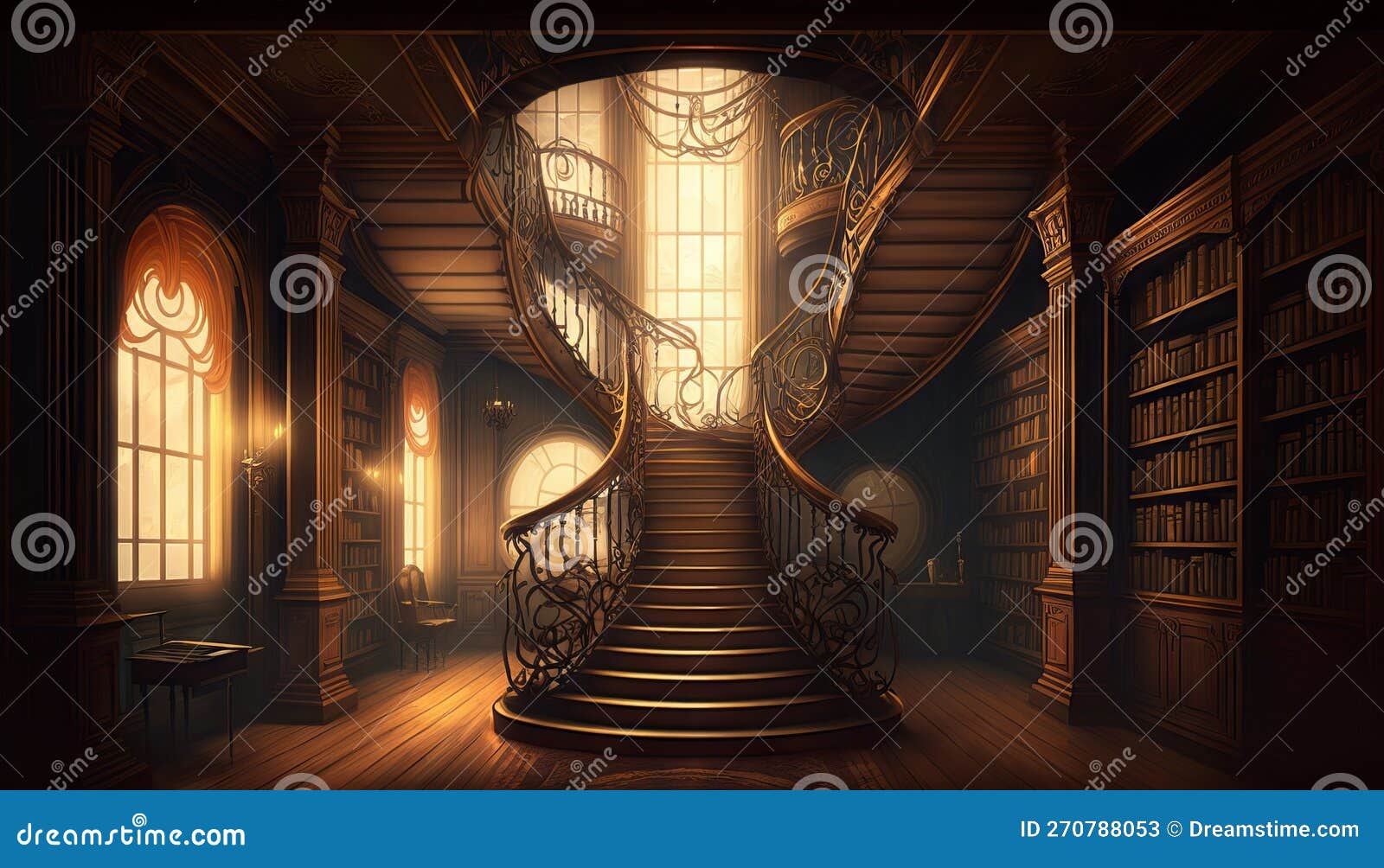 Generative AI of an Old Castle Interior with a Staircase and a Bookcase ...