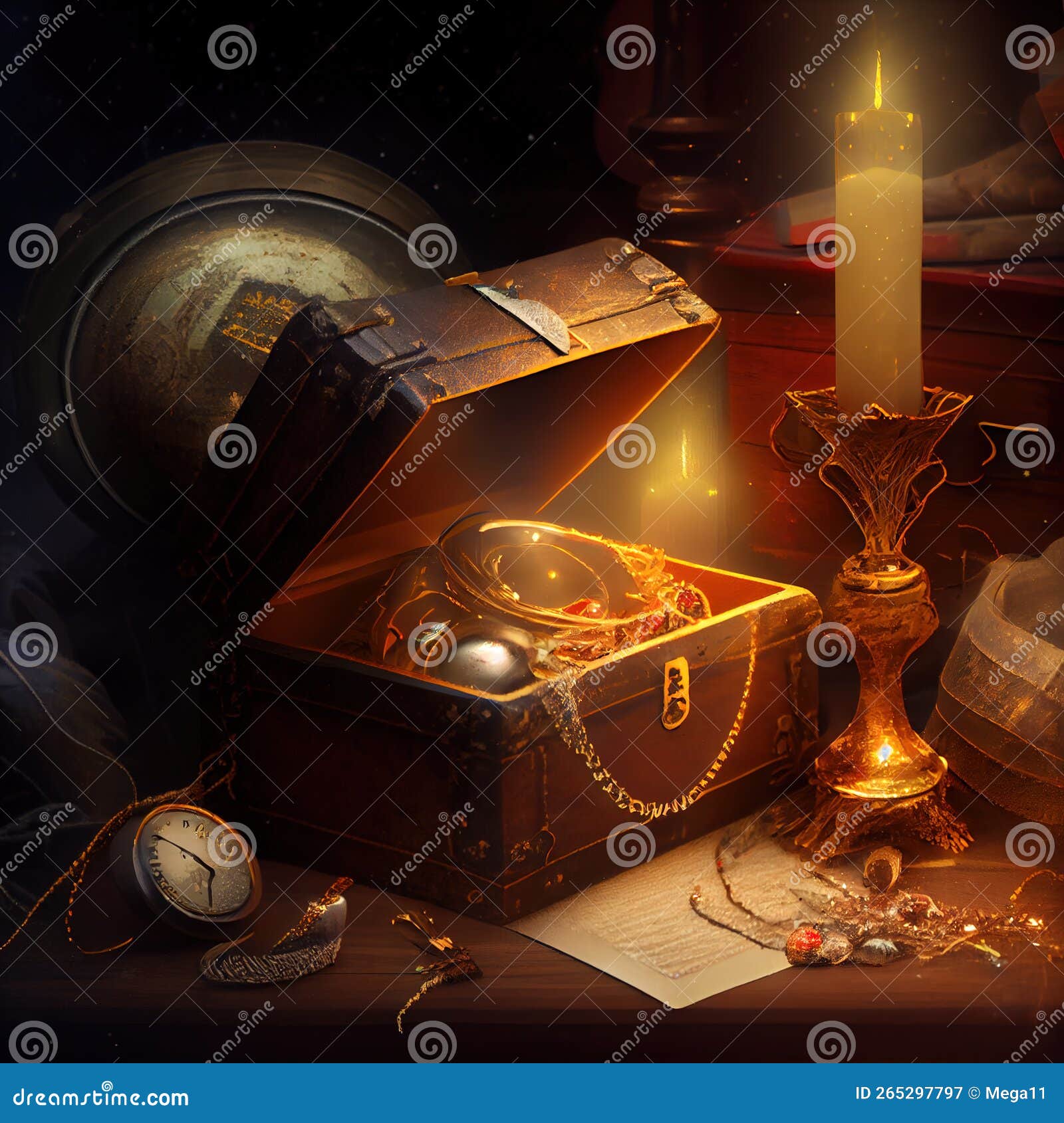 Generative AI: Old Treasure Box with Relics Lit by Candle Stock ...