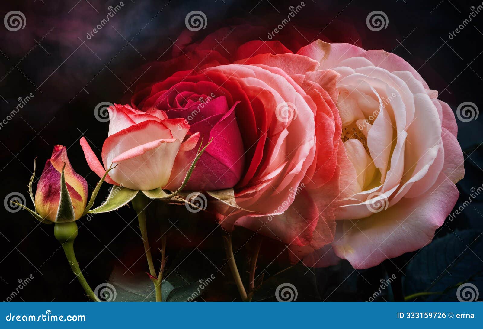 Generative-AI, Overlapping Rose Blooming Stages for a Soft, Romantic ...