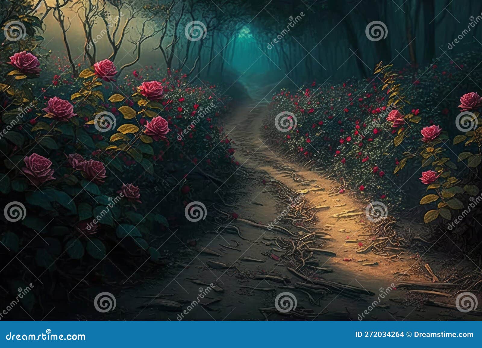 Generative AI Of A Path In The Dark Forest With Red Roses Stock Photo ...