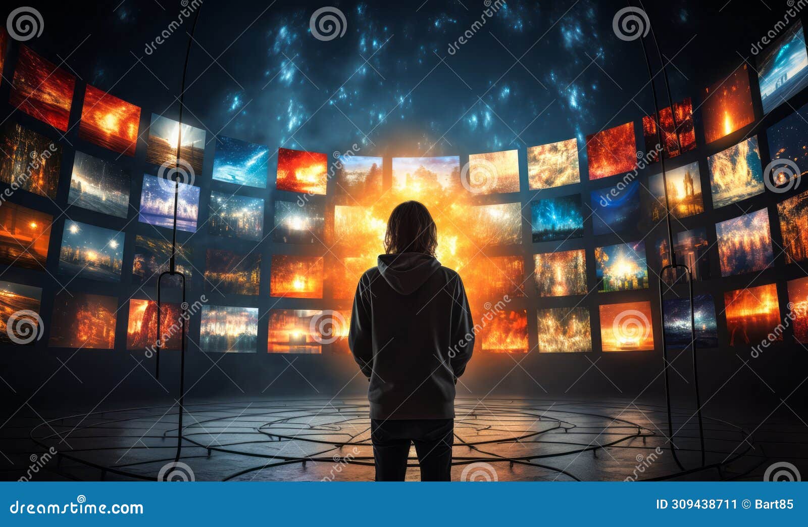 Person Standing in Awe Inside a Circular Room Surrounded by Multitudes ...