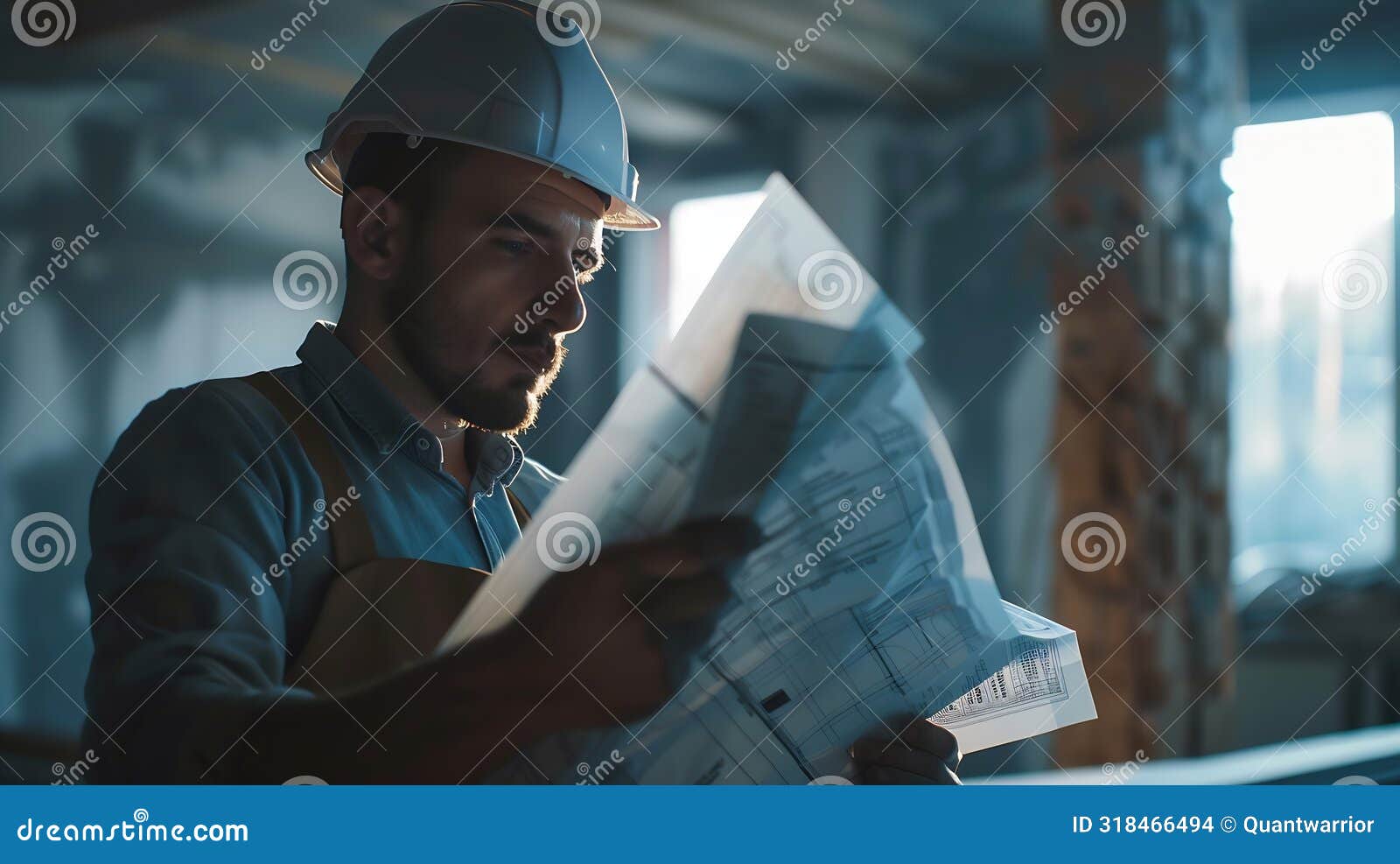 Generative AI Portrait of an Architect Builder Studying Layout Plan of ...