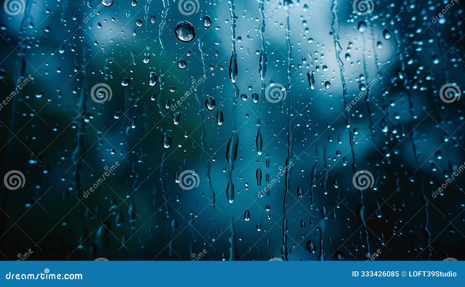 Generative AI Rain Drops on the Window Surface Dark Blue Clouds Visible ...