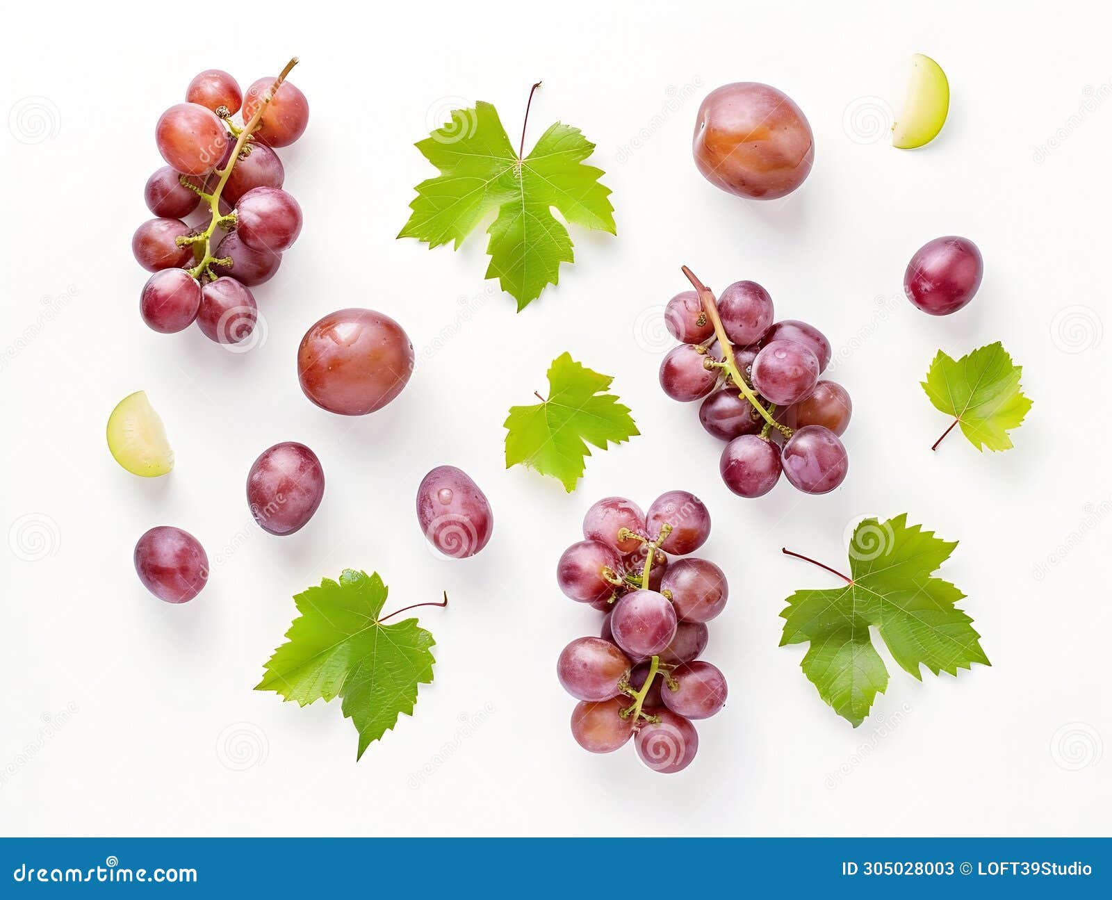 Generative AI Red Grapes with Green Leaves and Half Sliced on White ...