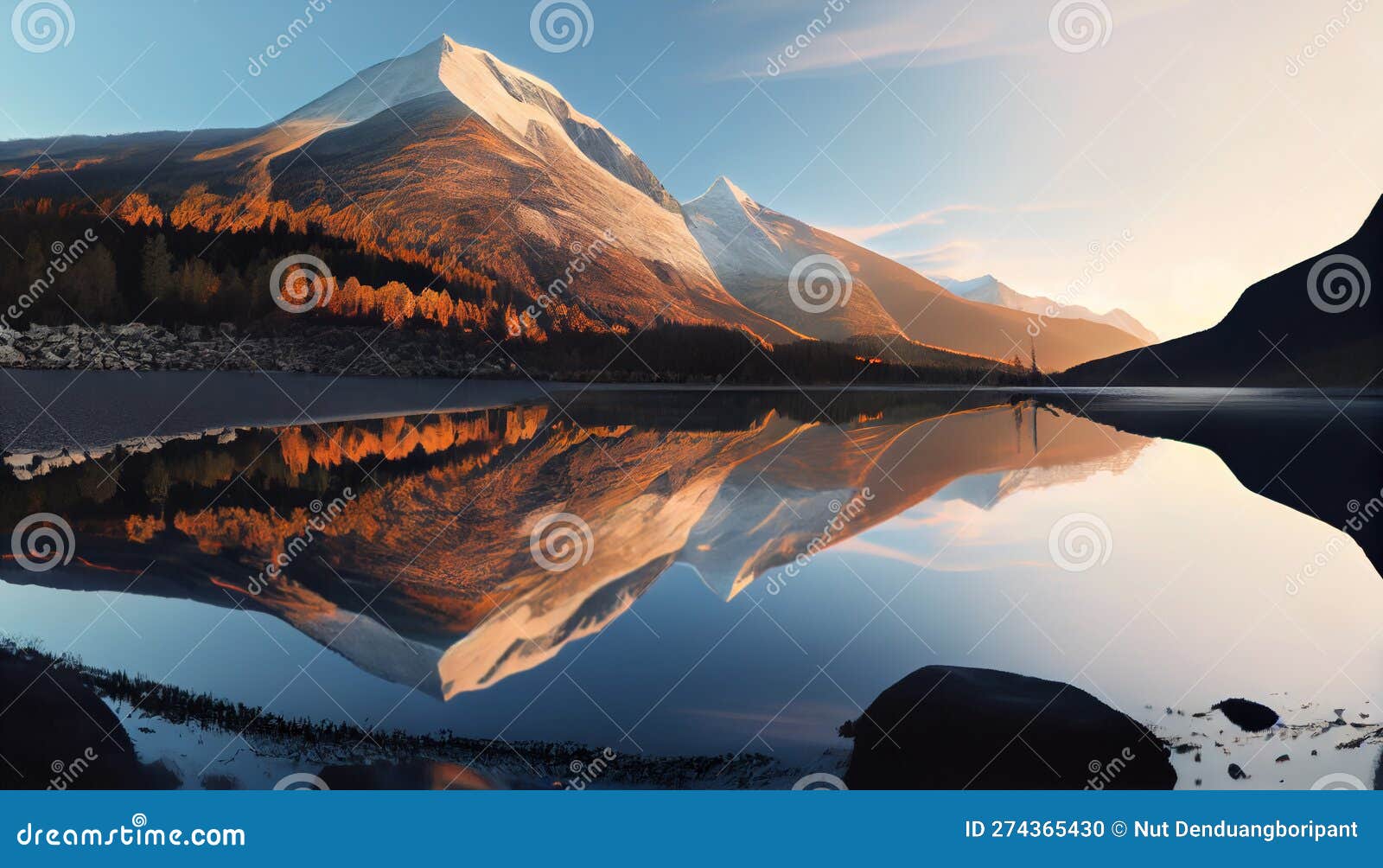 Generative AI, Reflections at Sunset: a Mountain Lake Mirage Stock ...