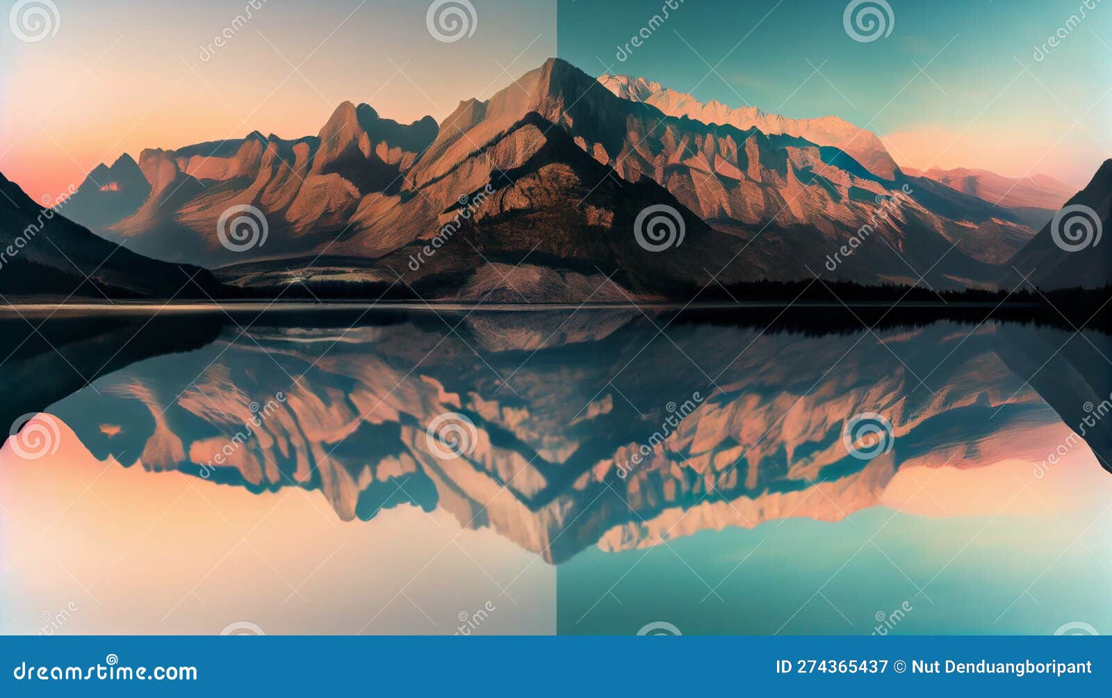 Generative AI, Reflections at Sunset: a Mountain Lake Mirage Stock ...