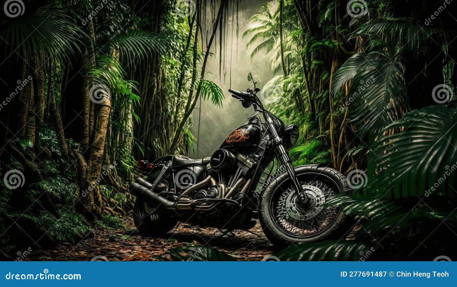 Generative AI Rendering of a Classic Motorcycle in a Jungle with Palm ...