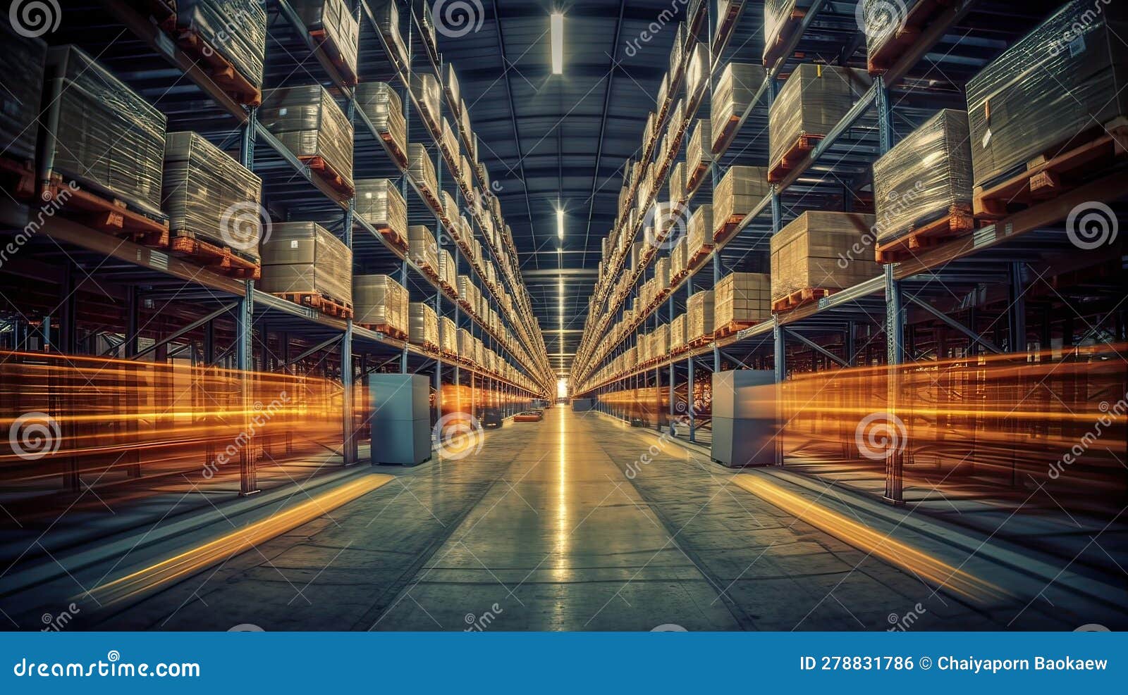 Generative AI Retail Warehouse Full Of Shelves With Cardboard Boxes ...