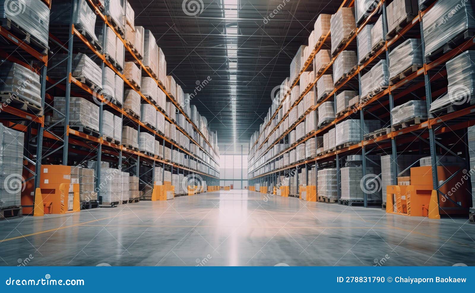 Retail Warehouse Full Of Shelves With Goods In Cartons, With Pallets ...
