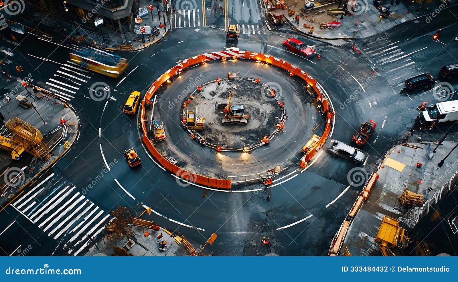 Generative AI Roadworks Construction Site at Roundabout Intersection on ...