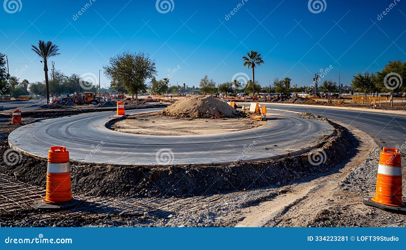 Generative AI Roadworks Construction Site at Roundabout Intersection on ...
