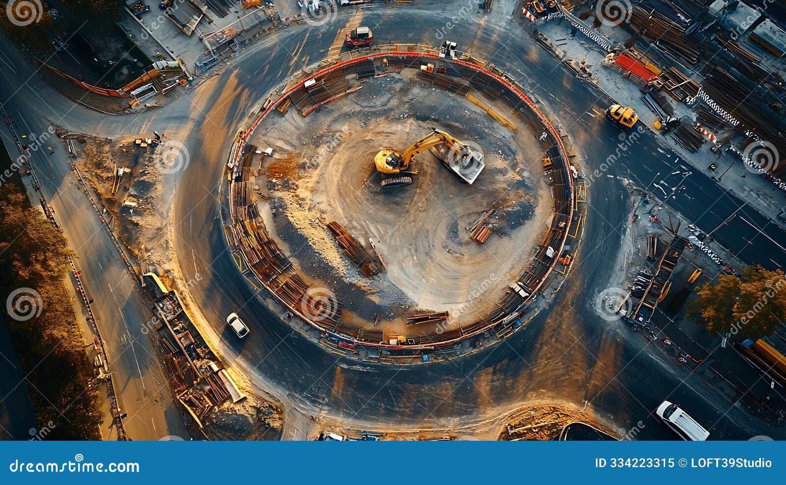Generative AI Roadworks Construction Site at Roundabout Intersection on American Highway ...