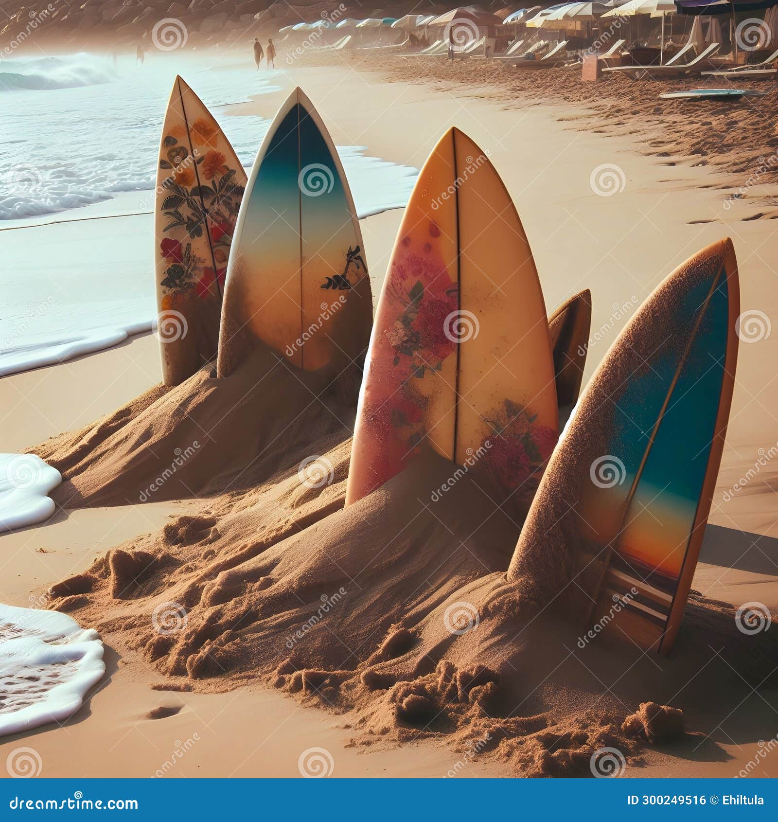 Generative AI Sandy Beach with Surfboards Stock Illustration ...