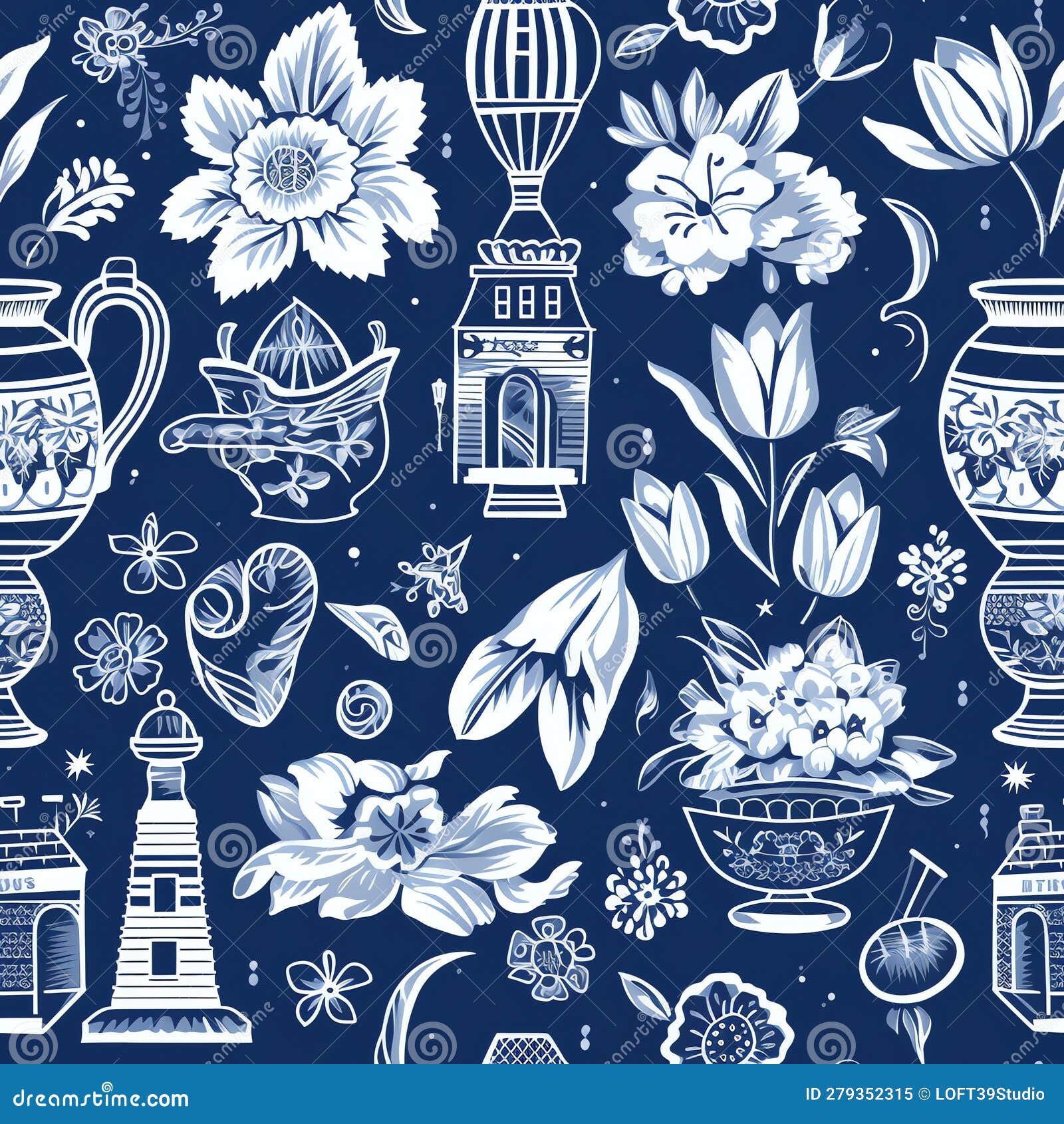 Generative AI Seamless Vector Delftware Pattern- Stock Illustration ...