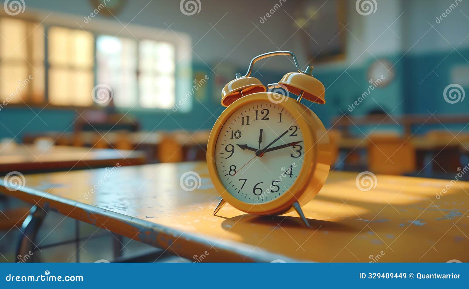 Generative AI a Small Alarm Clock on a Desk in an Empty Classroom ...