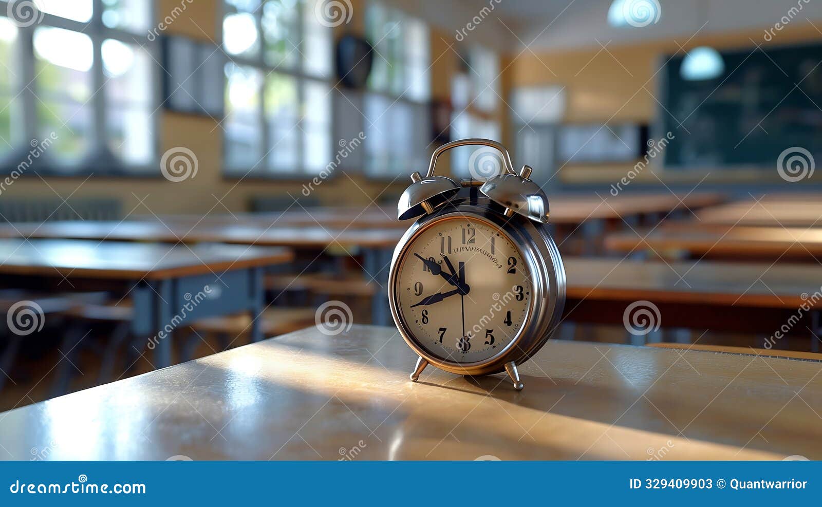 Generative AI a Small Alarm Clock on a Desk in an Empty Classroom ...