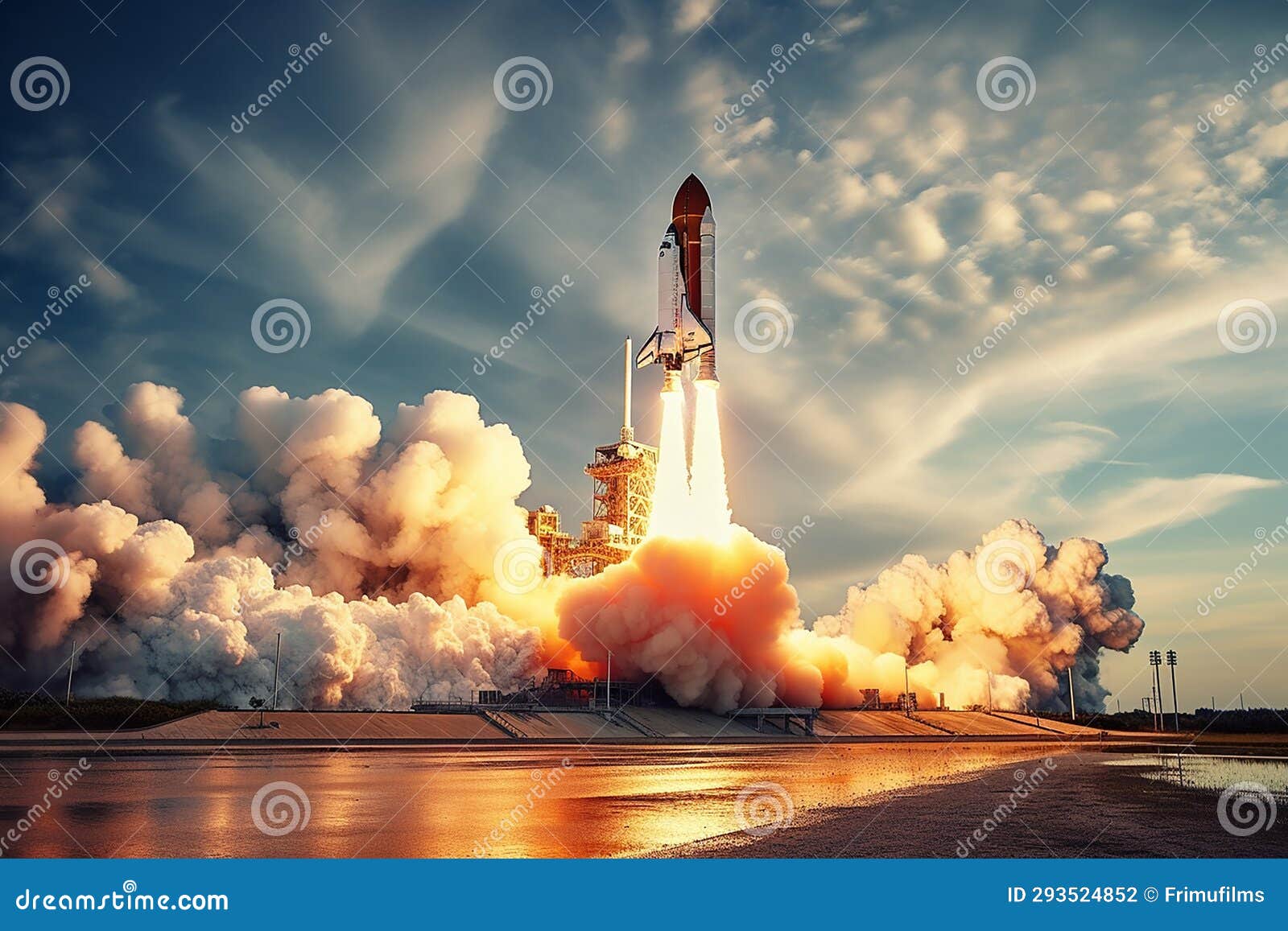 Spaceship Taking Off. Rocket Whizzing Through The Clouds In The Sky ...