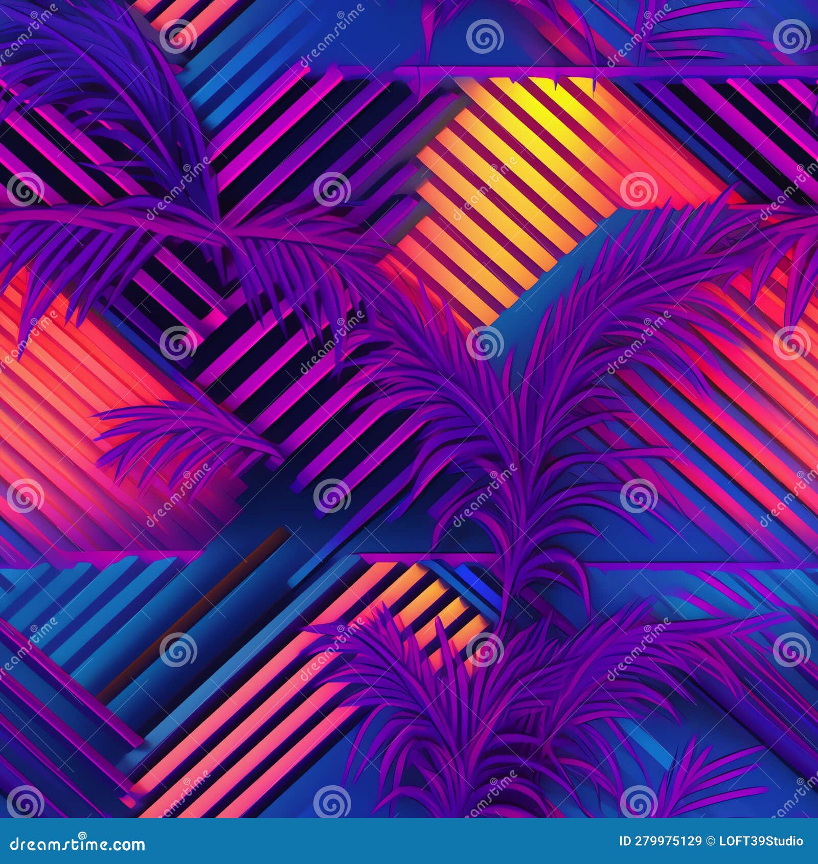 Generative AI Synth Wave Tropical Seamless- Stock Illustration ...