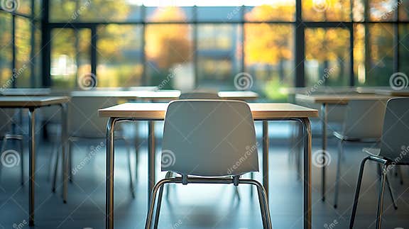 Generative AI Tables and Chairs at Empty Simple Modern Classroom ...