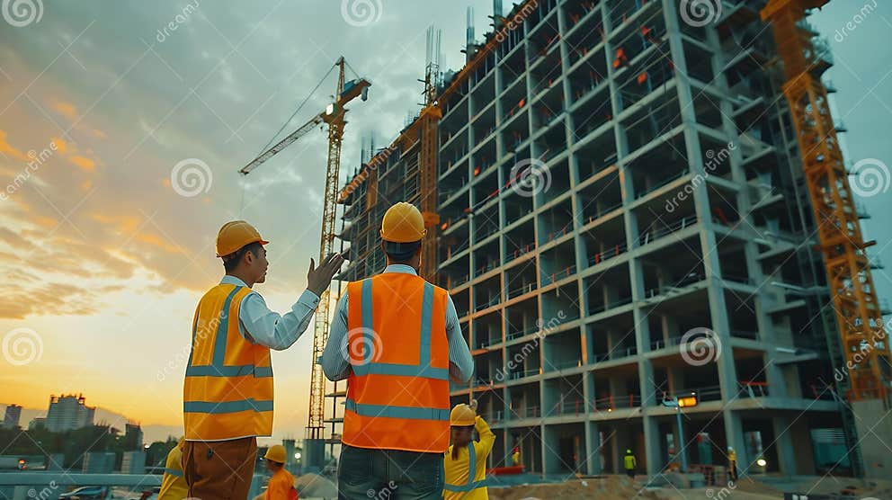 Generative AI a Team of Construction Engineers Talks To Managers and Construction Workers at the ...