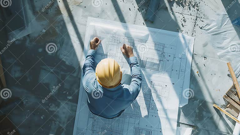 Generative AI Top View of Architectural Engineer Working on His ...