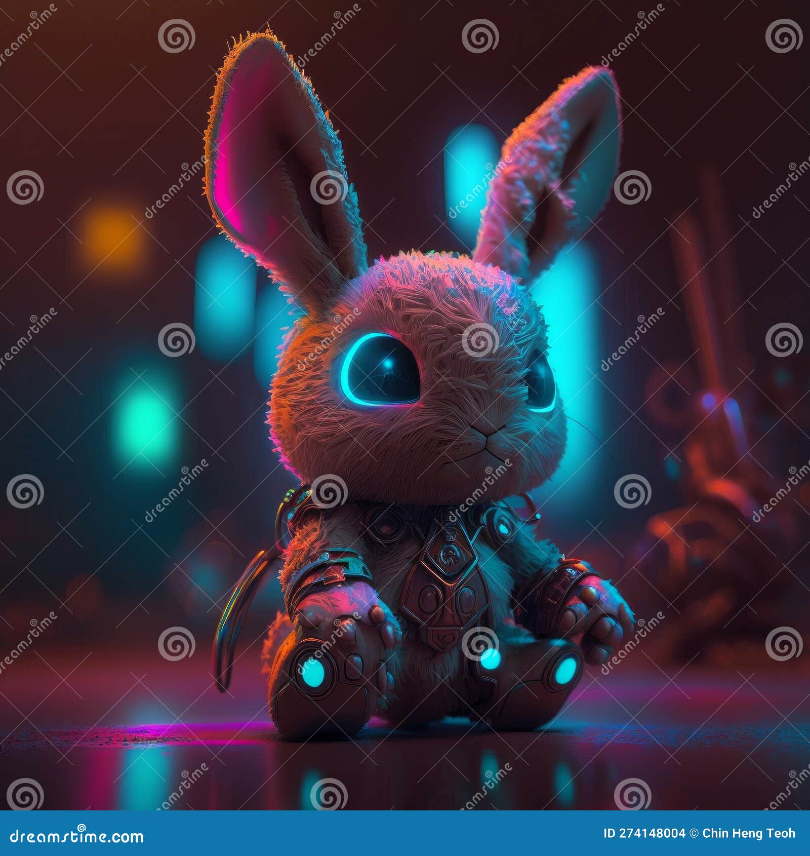 Generative AI of a Toy Rabbit on a Dark Background with Neon Lights ...