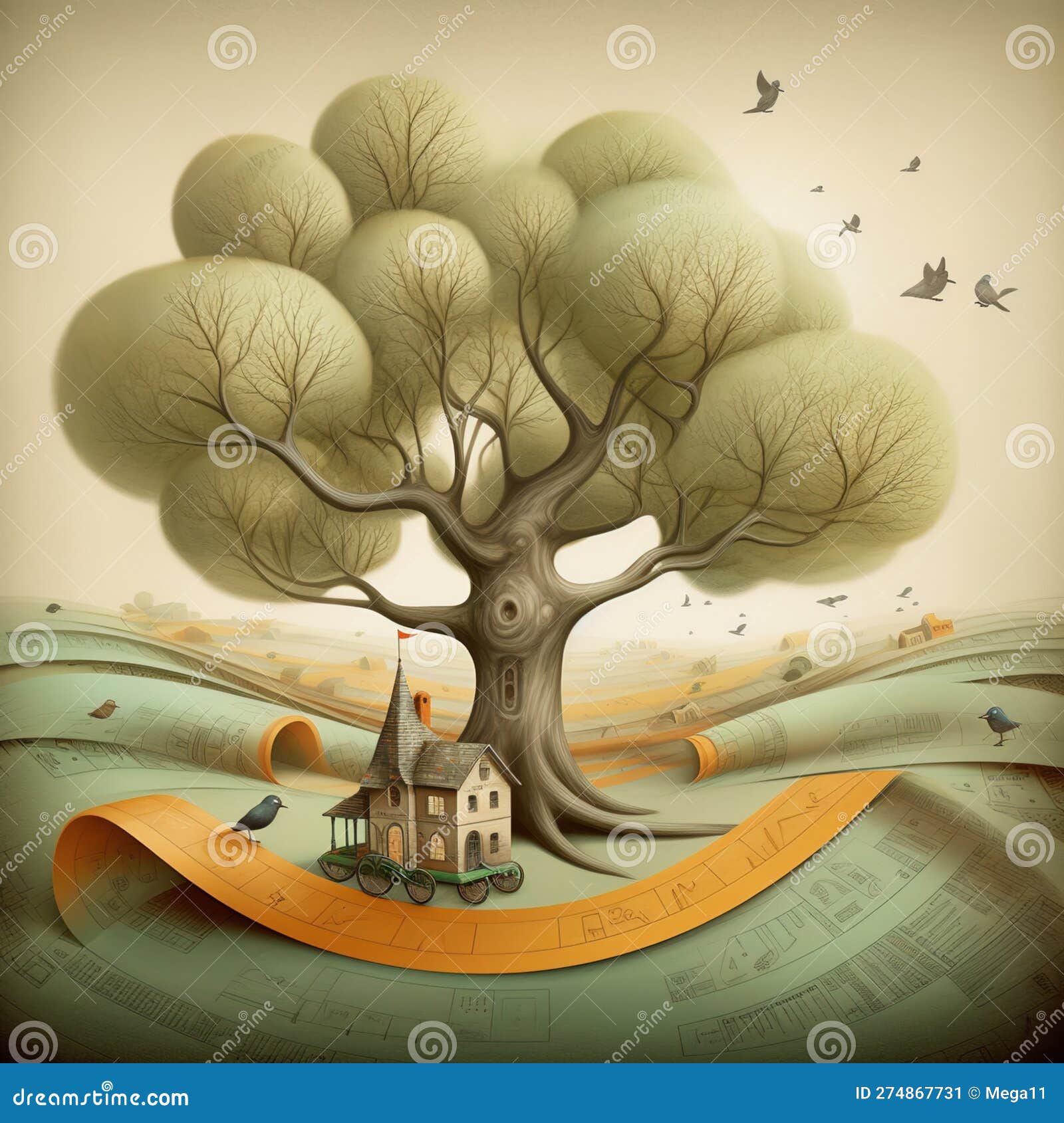 Generative AI: Tree And House With Gardens And Path Royalty-Free ...