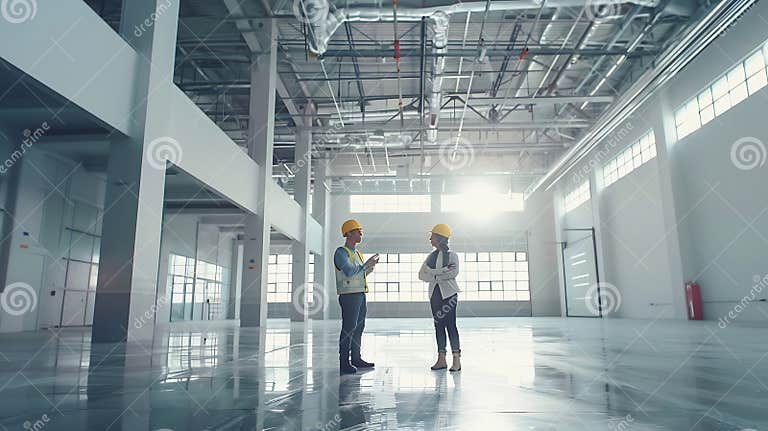 Generative AI Two Engineers Talking Standing in the Middle of an Empty Warehouse Inspecting ...