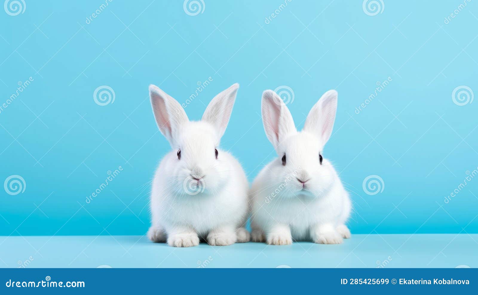 Generative AI Two Small White Rabbits on a Blue Minimalistic Studio ...