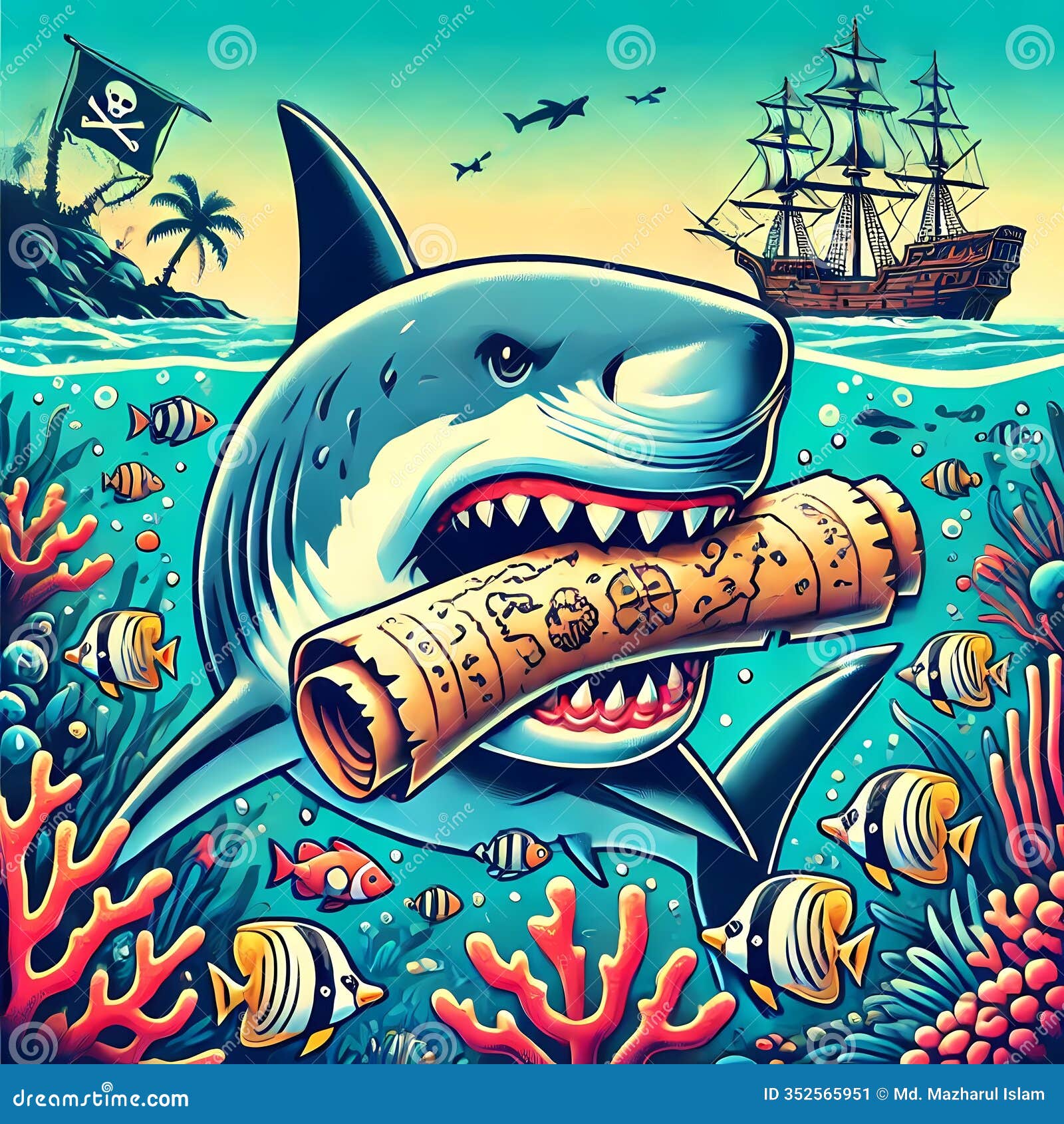 A Mischievous Shark with a Treasure Map Clutched between Its Teeth ...