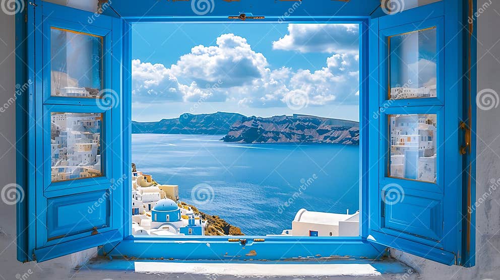 Generative AI View from an Open Window with Blue Shutters of the Aegean ...
